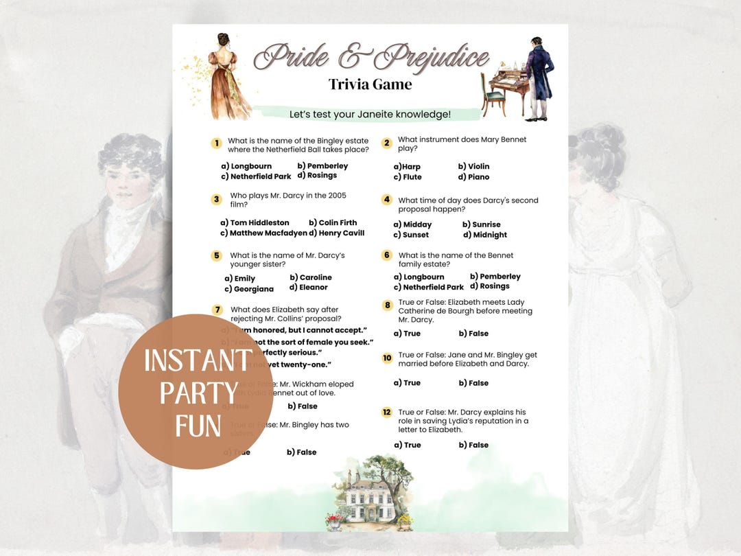 Pride and Prejudice Trivia Game Printable Jane Austen Party Game Pride ...