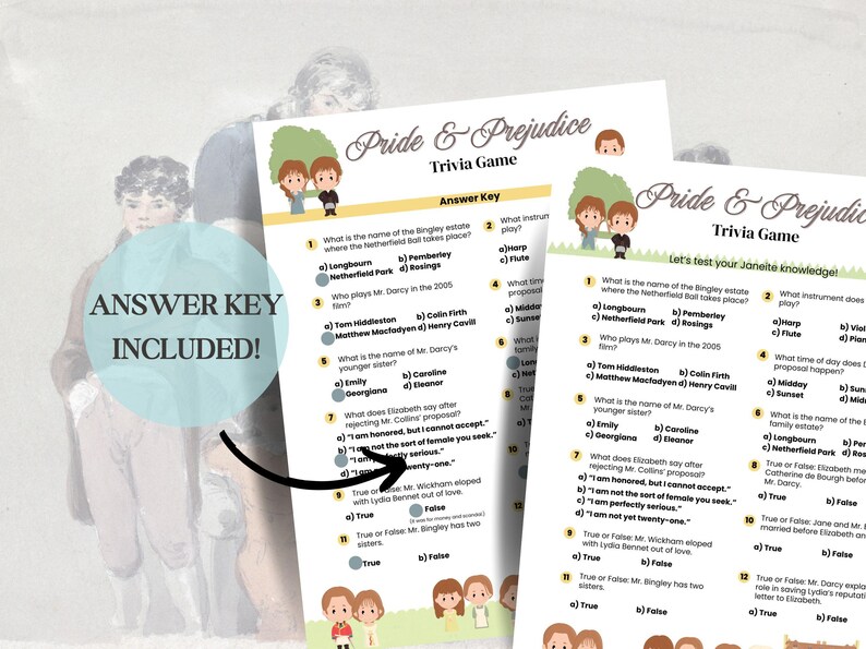 Pride and Prejudice Trivia Game Printable Jane Austen Party Game Pride ...