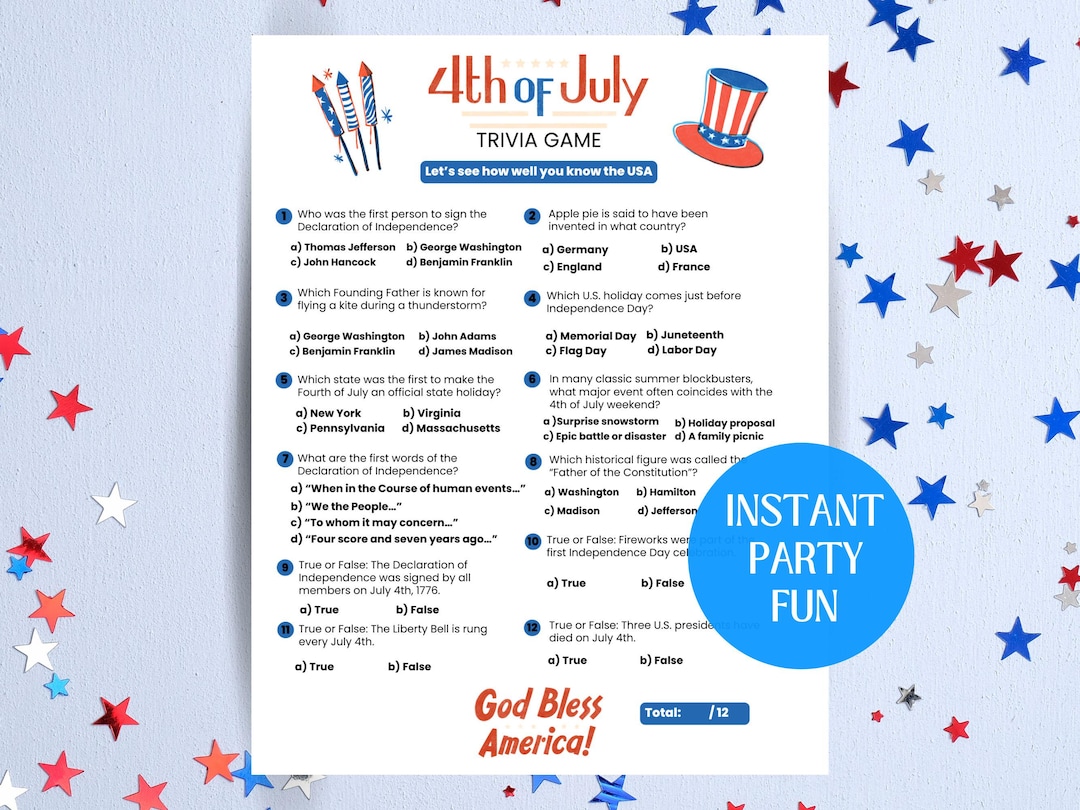 4th of July Trivia Game Printable USA Independence Day Party Game ...