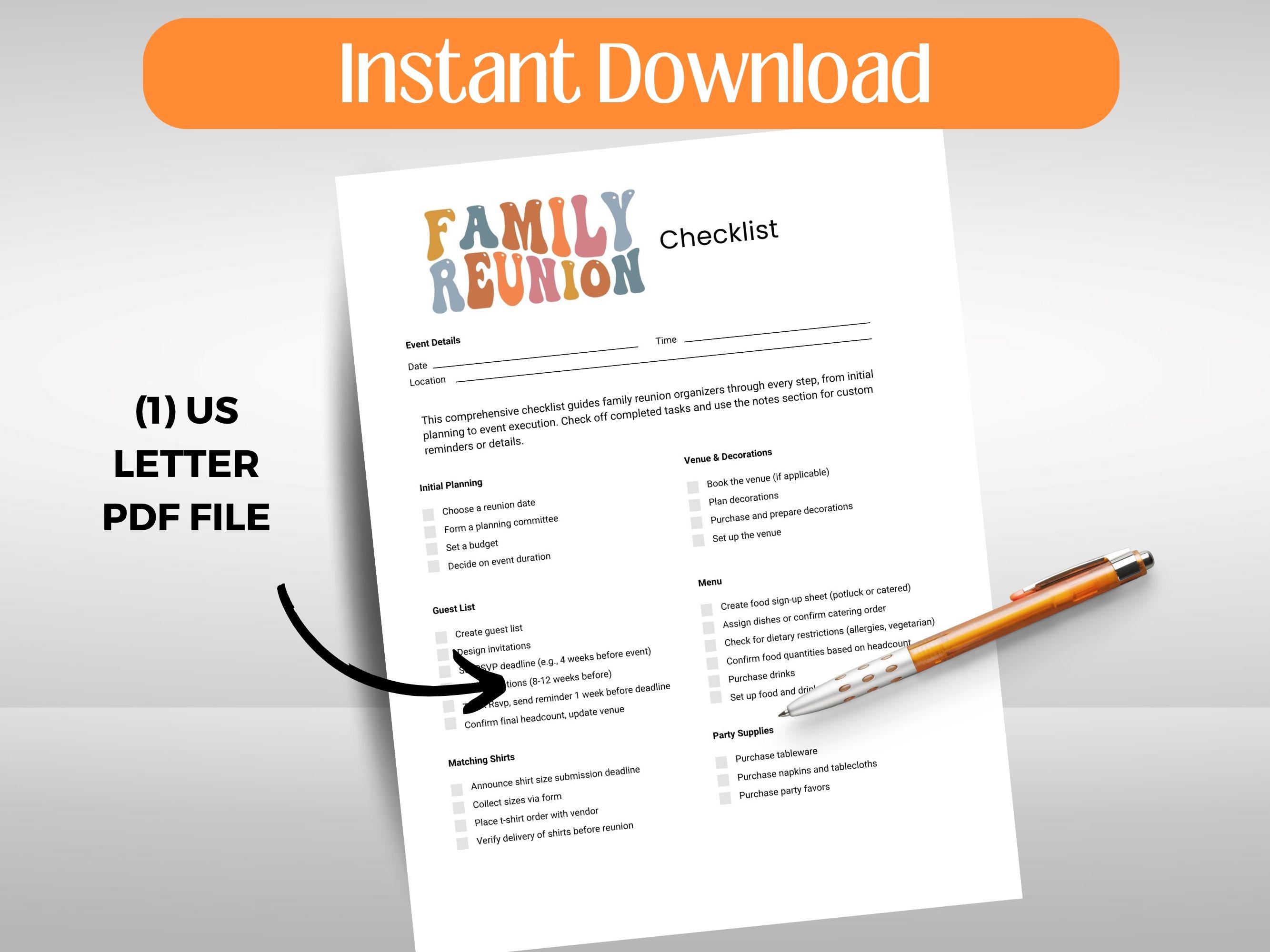 Family Reunion Checklist Printable Family Reunion Organizer Reunion ...