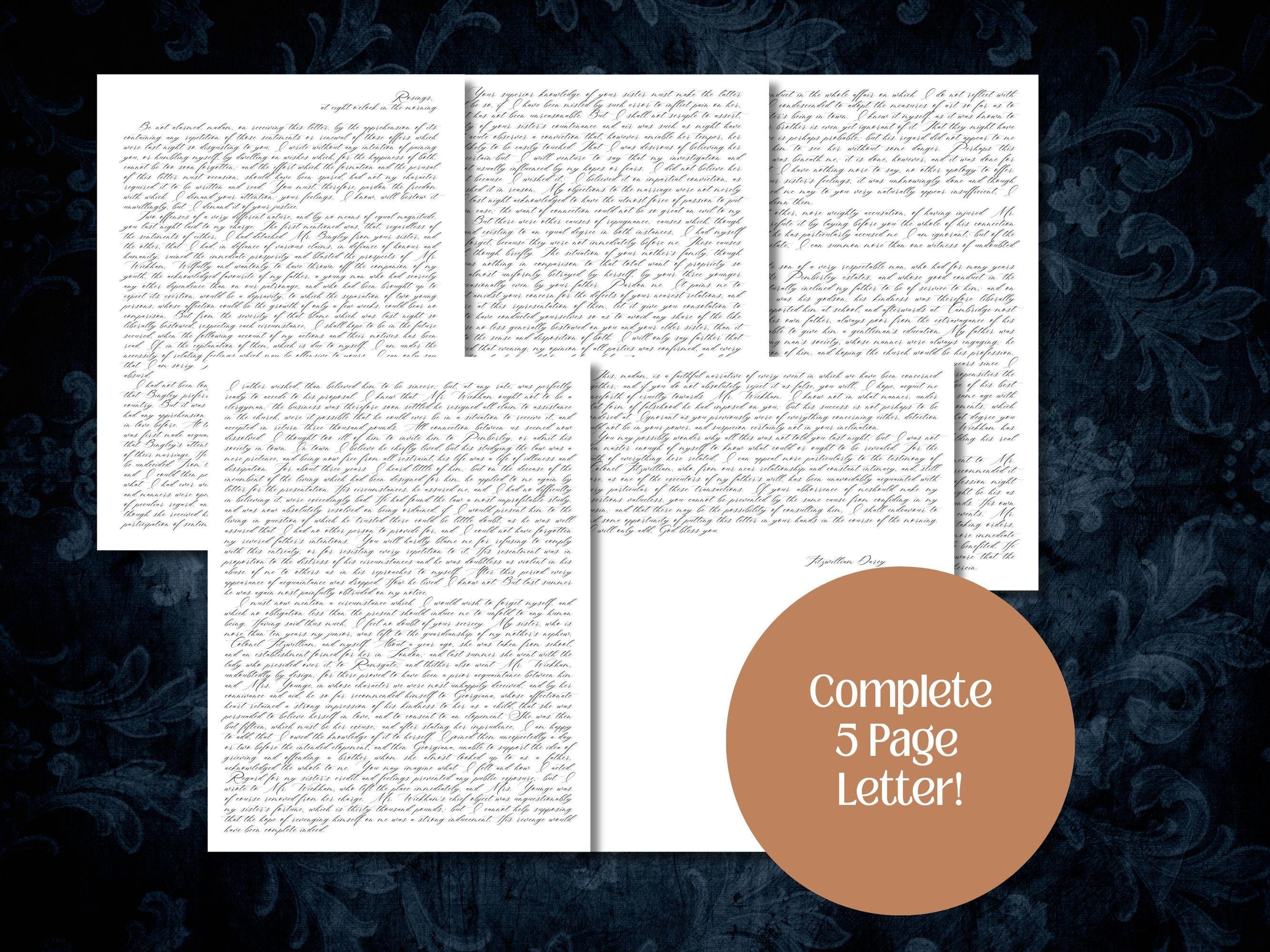 Mr. Darcy's Letter Printable Pride and Prejudice Gift Jane Austen ...