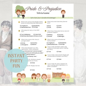 Pride and Prejudice Trivia Game Printable Jane Austen Party Game Pride ...