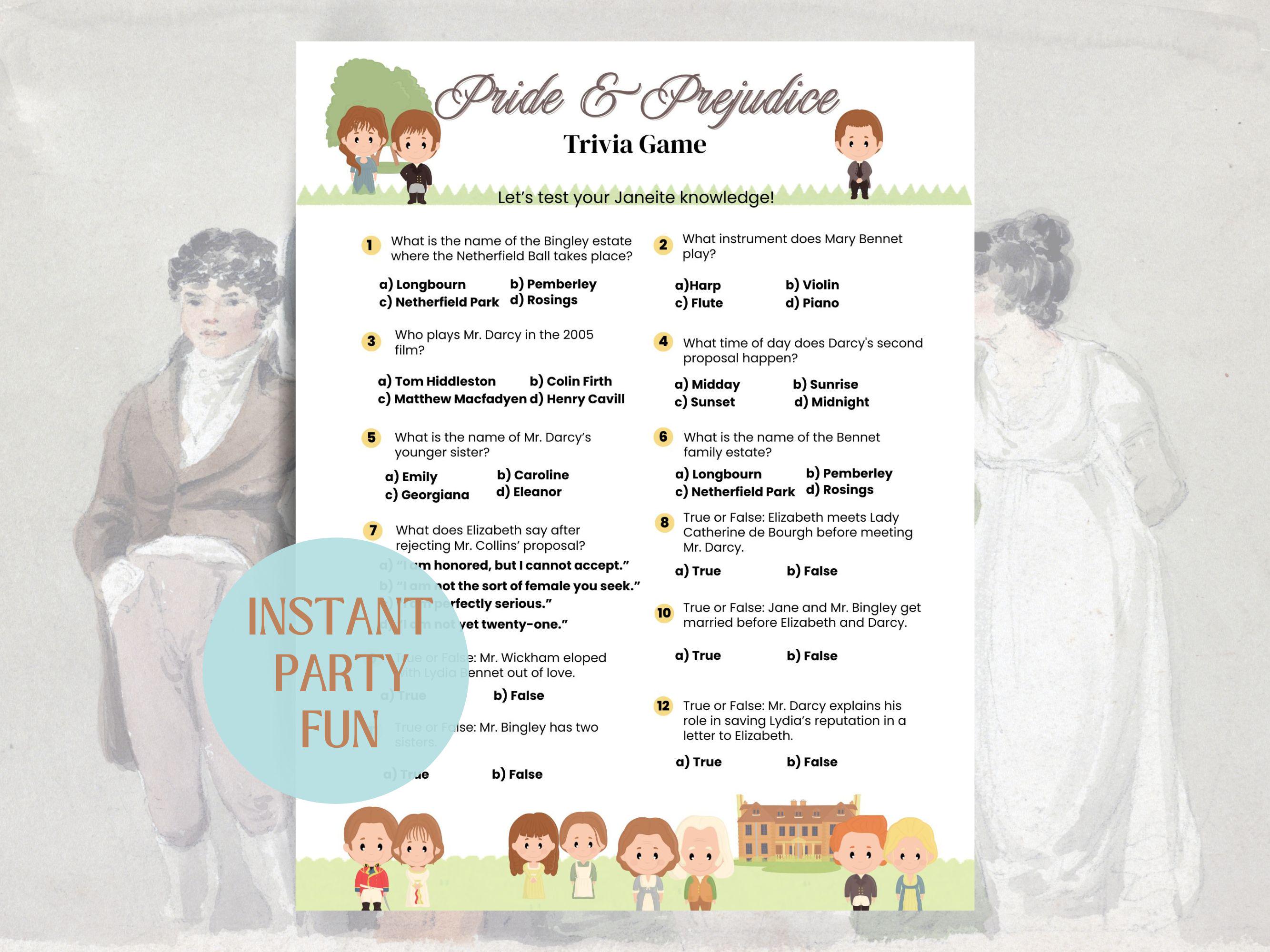 Pride and Prejudice Trivia Game Printable Jane Austen Party Game Pride ...