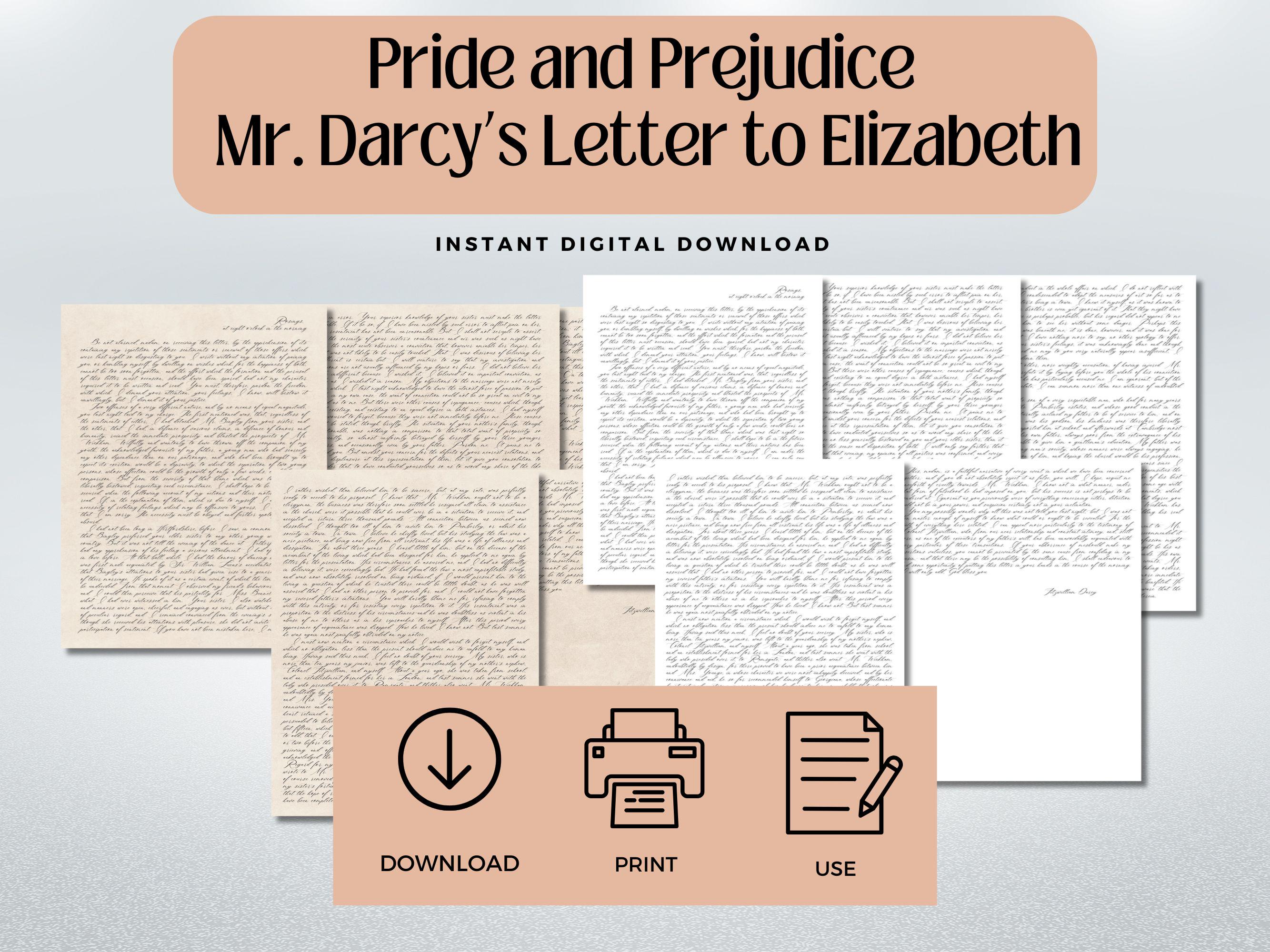 Mr. Darcy's Letter Printable Pride and Prejudice Gift Jane Austen ...