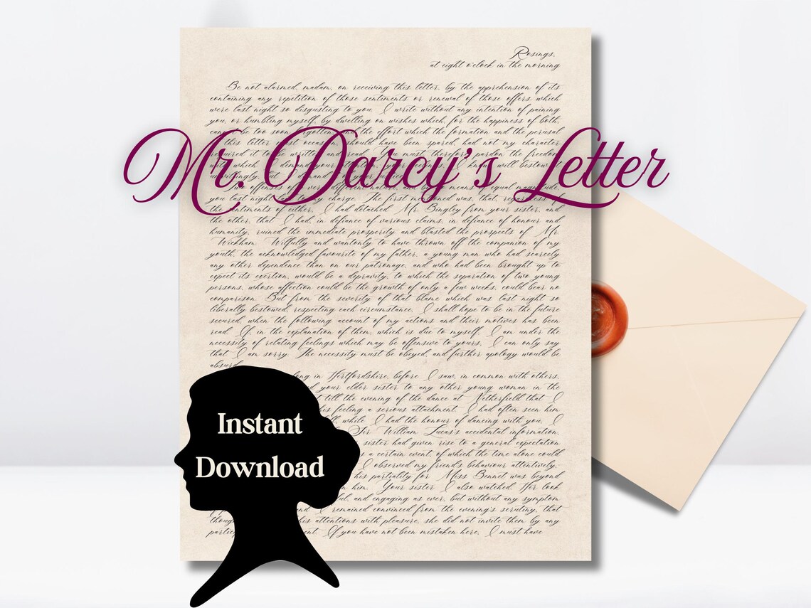 Mr. Darcy's Letter Printable Pride and Prejudice Gift Jane Austen ...
