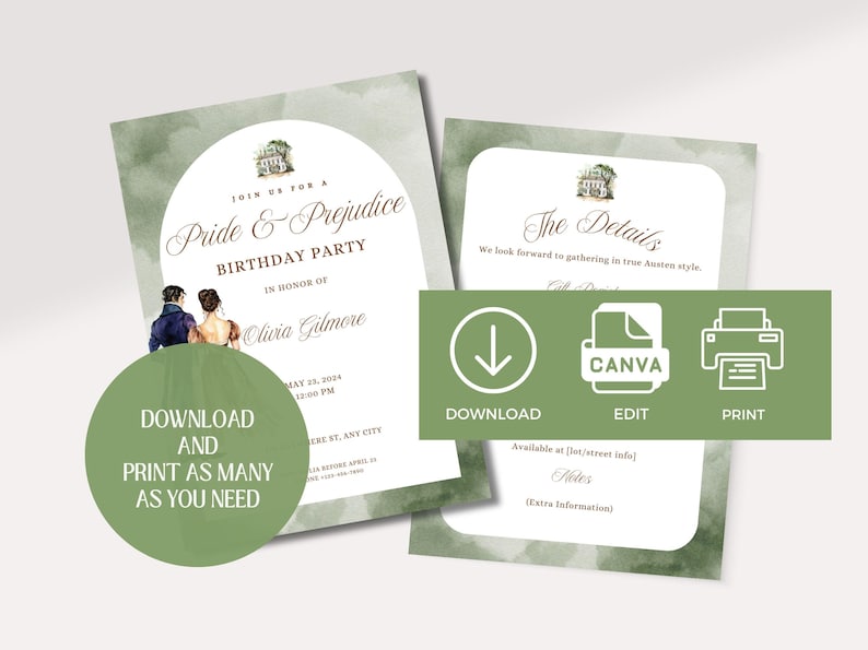 Pride and Prejudice Party Invitation Editable Pride and Prejudice ...