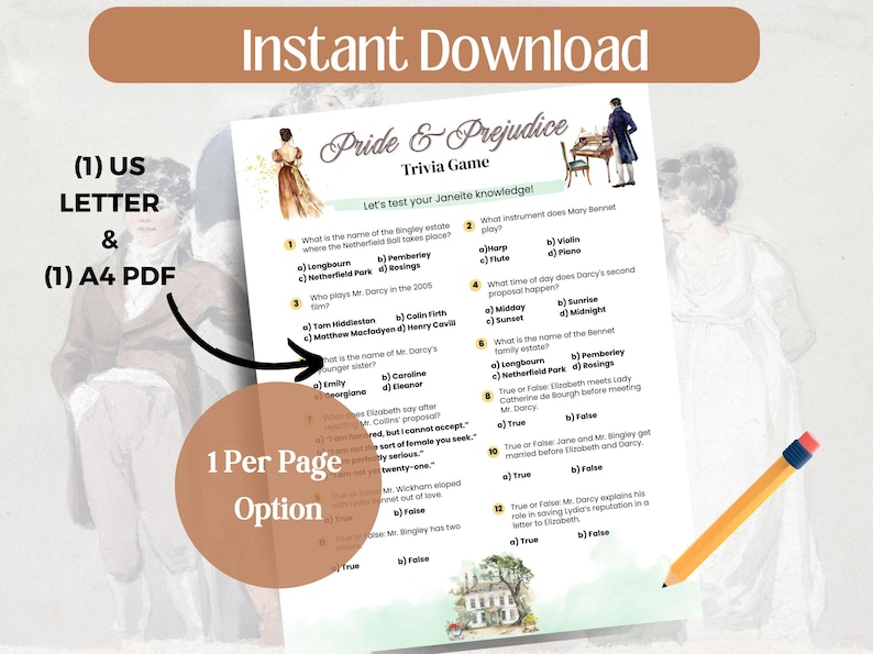 Pride and Prejudice Trivia Game Printable Jane Austen Party Game Pride ...