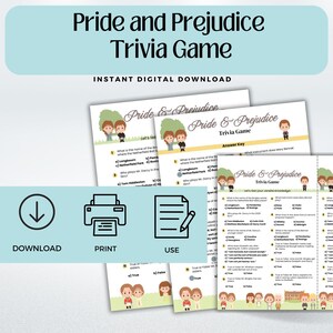 Pride and Prejudice Trivia Game Printable Jane Austen Party Game Pride ...