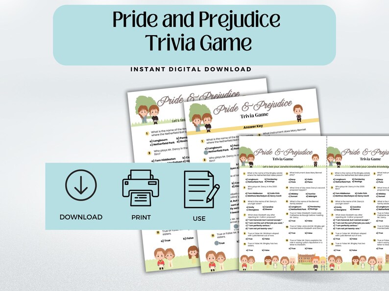 Pride and Prejudice Trivia Game Printable Jane Austen Party Game Pride ...