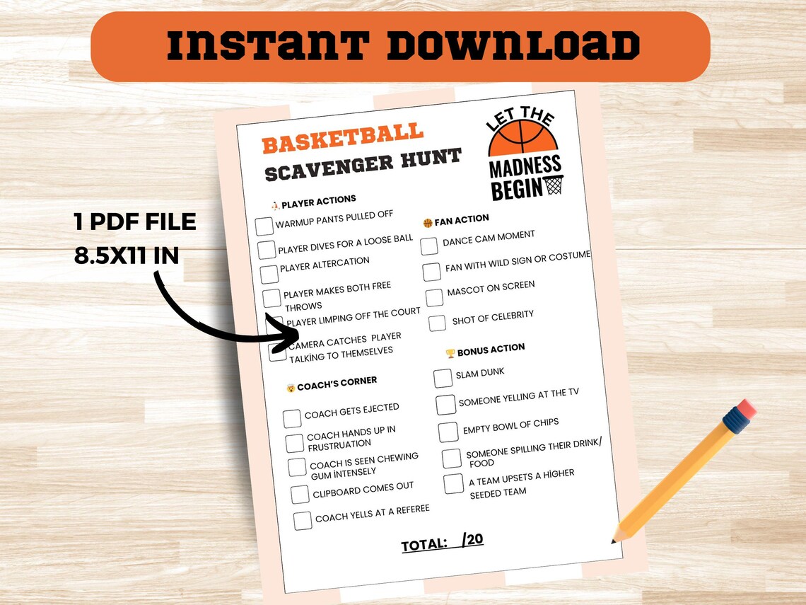 Basketball Madness Scavenger Hunt Game Printable Basketball Party Game ...