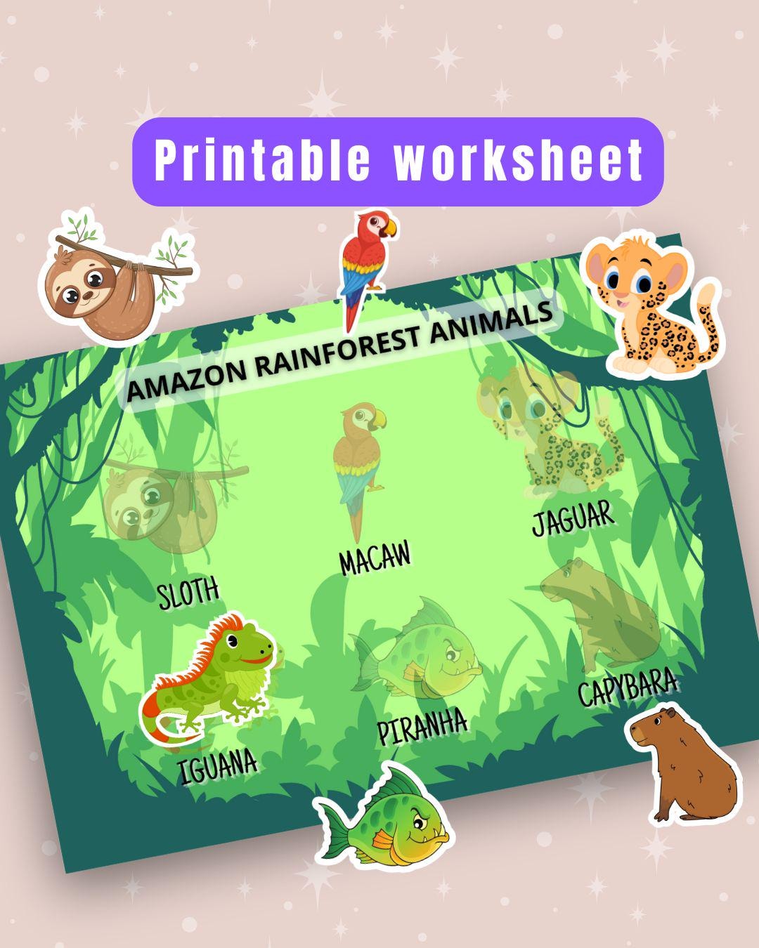 Amazon Rainforest Animals Printable Activity – Sloth, Macaw, Jaguar, Iguana, Piranha, Capybara ...