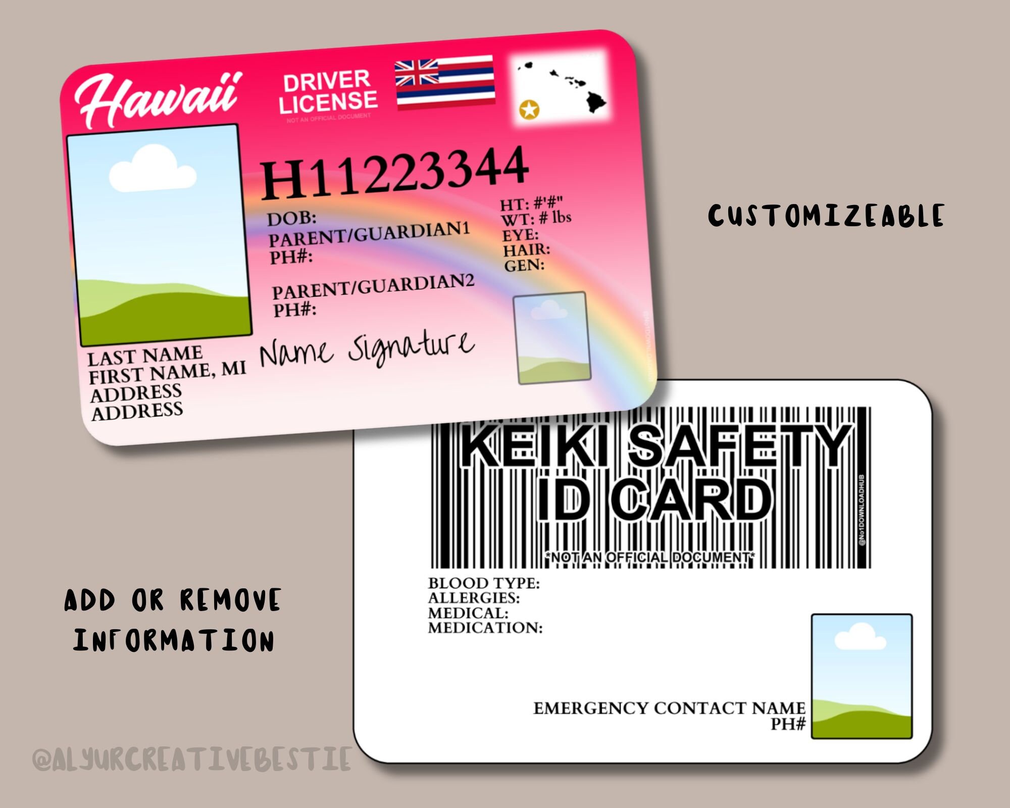 Hawaii Keiki ID Card, Child Id Card TEMPLATE for Child Safety, Custom ...
