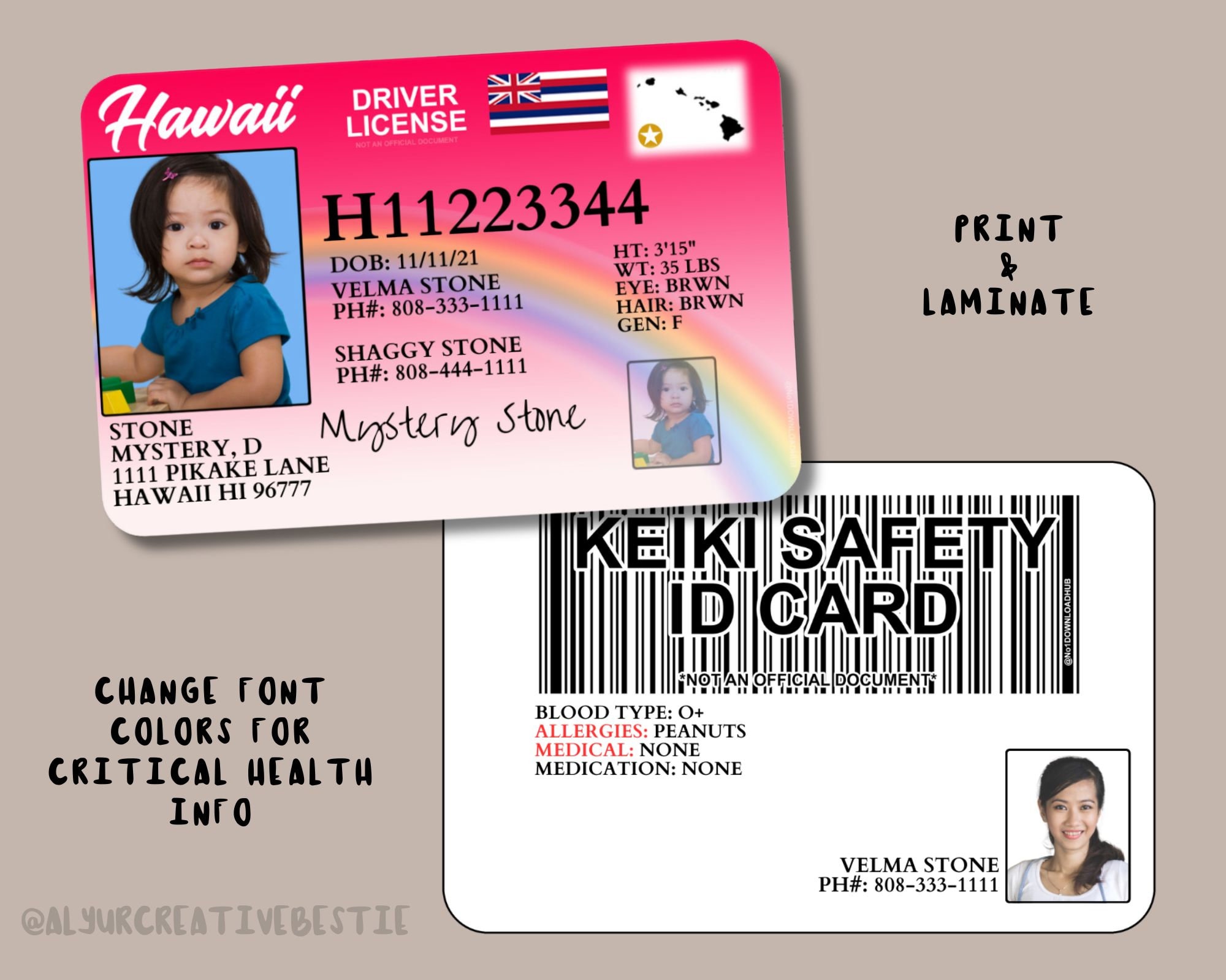 Hawaii Keiki ID Card, Child Id Card TEMPLATE for Child Safety, Custom ...