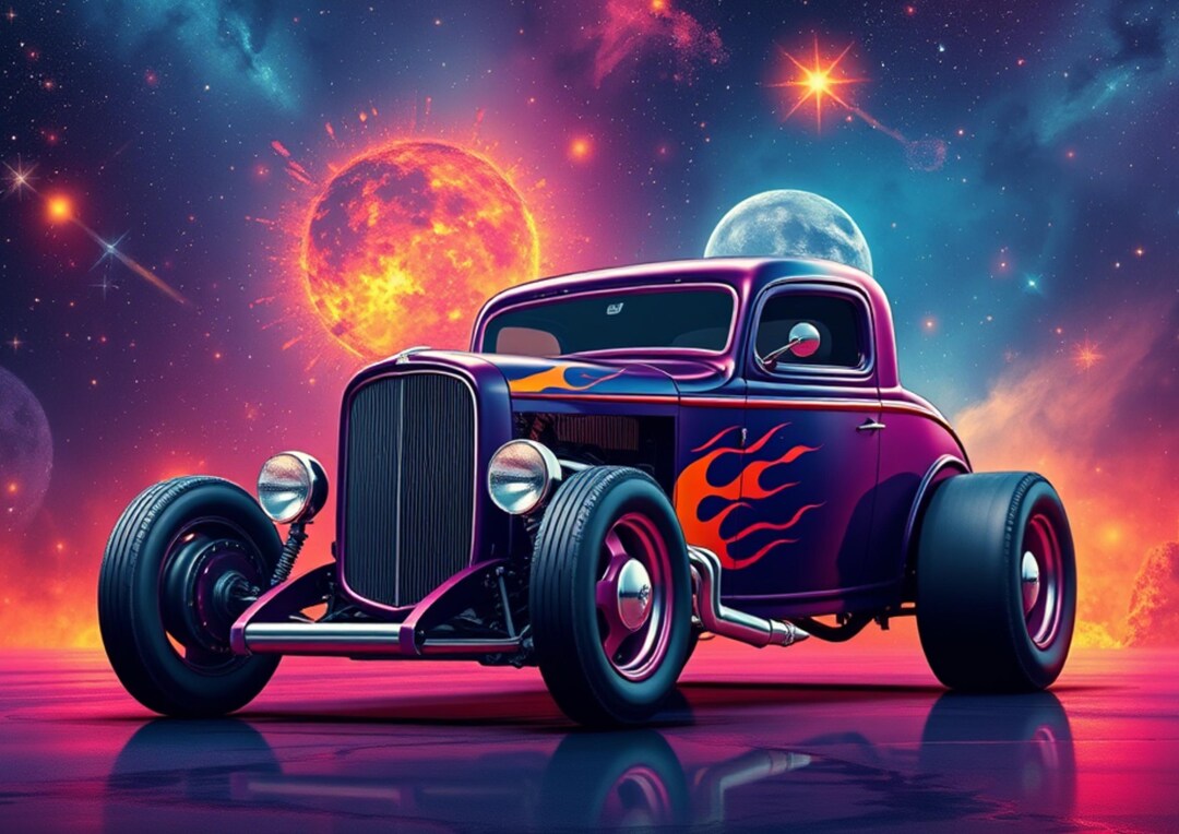 Classic Hot Rods in a Futuristic Space Nebula Art - Set of 8 Retro Sci ...