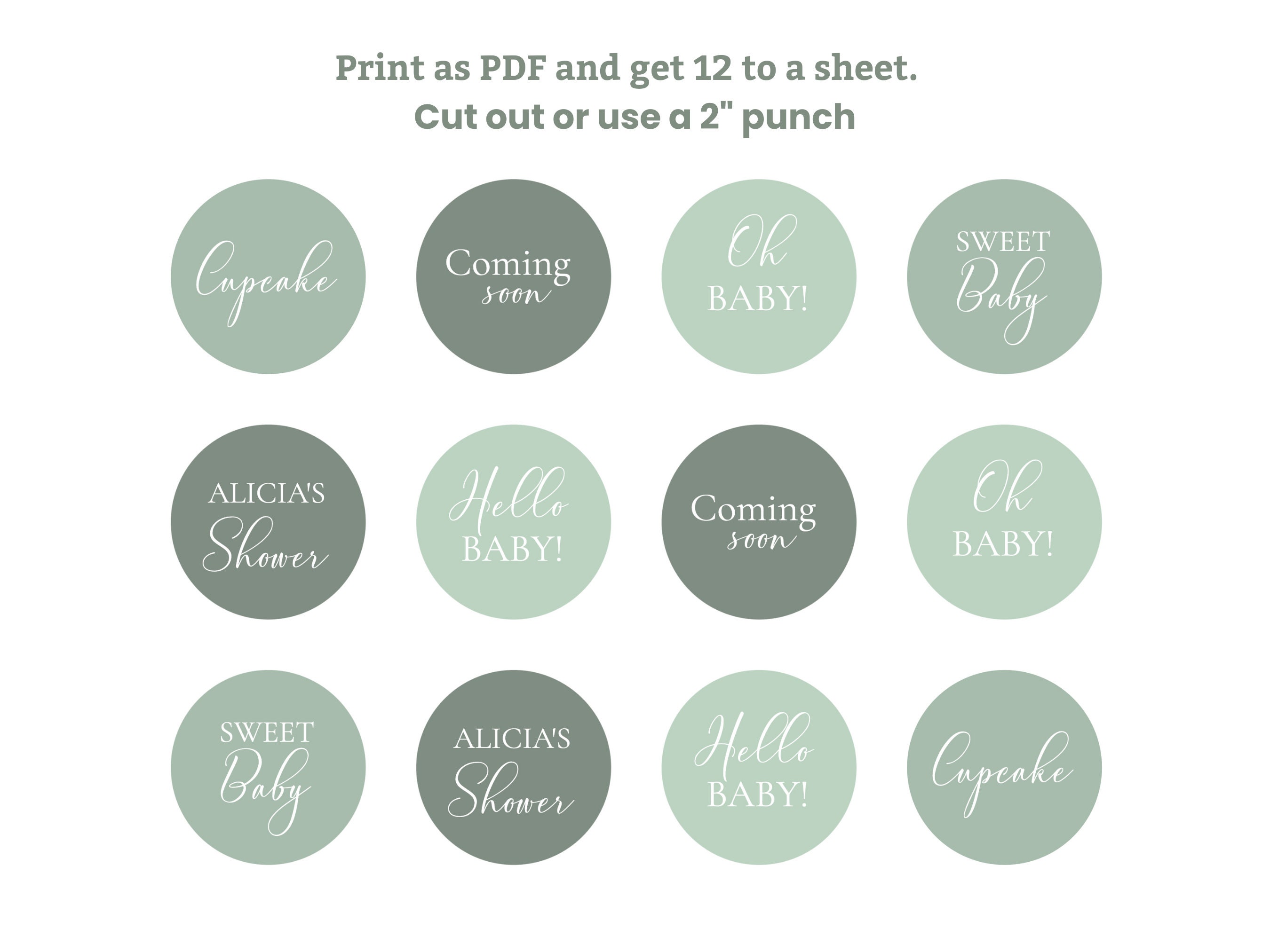 Sage Green Baby Shower Cupcake Topper Template, Editable Cake Picks ...