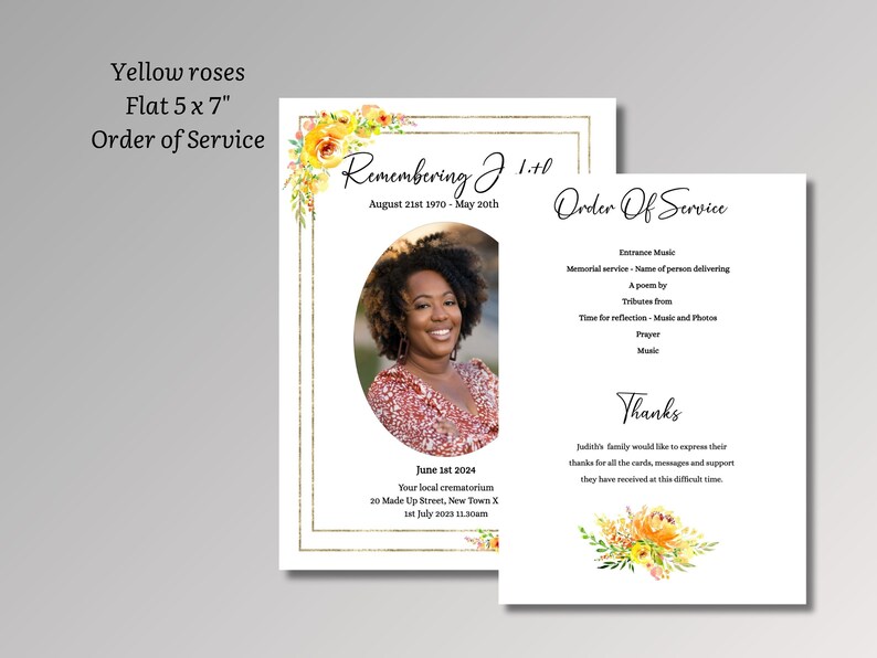 Funeral Program Template With Roses 5x7, 2 Page Yellow Floral Order of ...