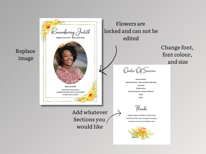 Funeral Program Template With Roses 5x7, 2 Page Yellow Floral Order of ...