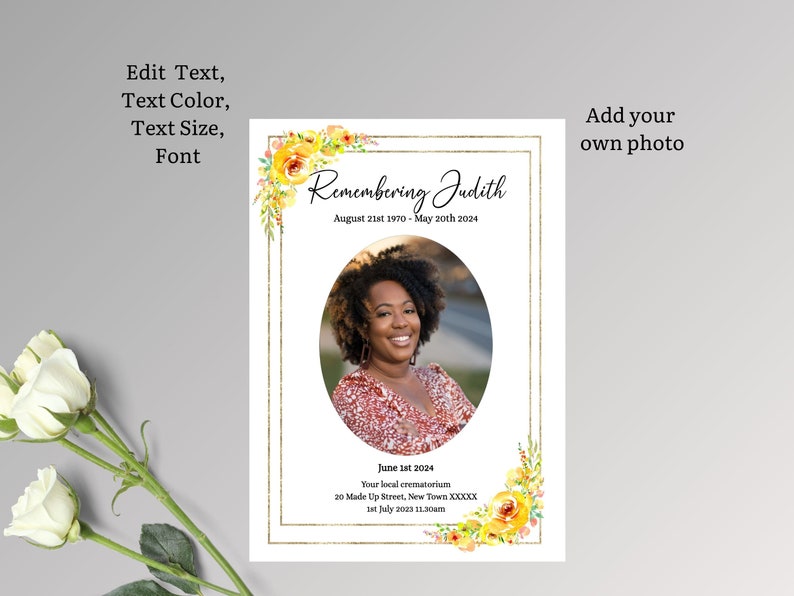 Funeral Program Template With Roses 5x7, 2 Page Yellow Floral Order of ...