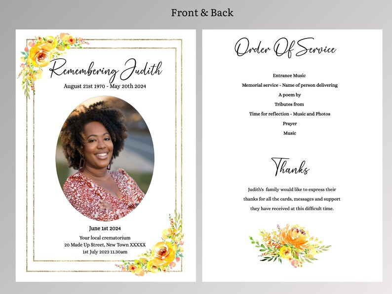 Funeral Program Template With Roses 5x7, 2 Page Yellow Floral Order of ...