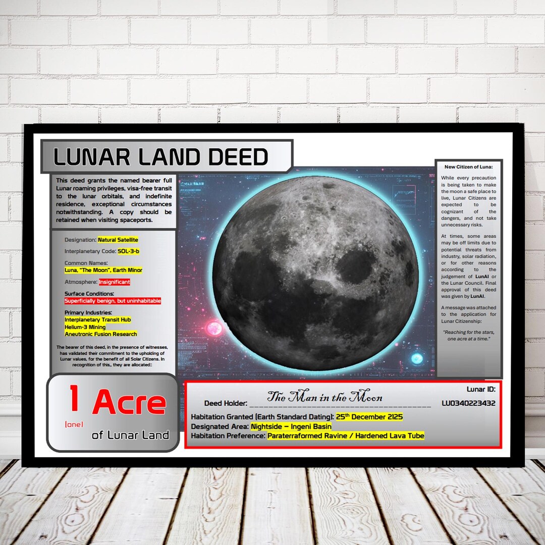 An Acre of the Moon Lunar Land Deed Guaranteeing Rights as a Lunar ...