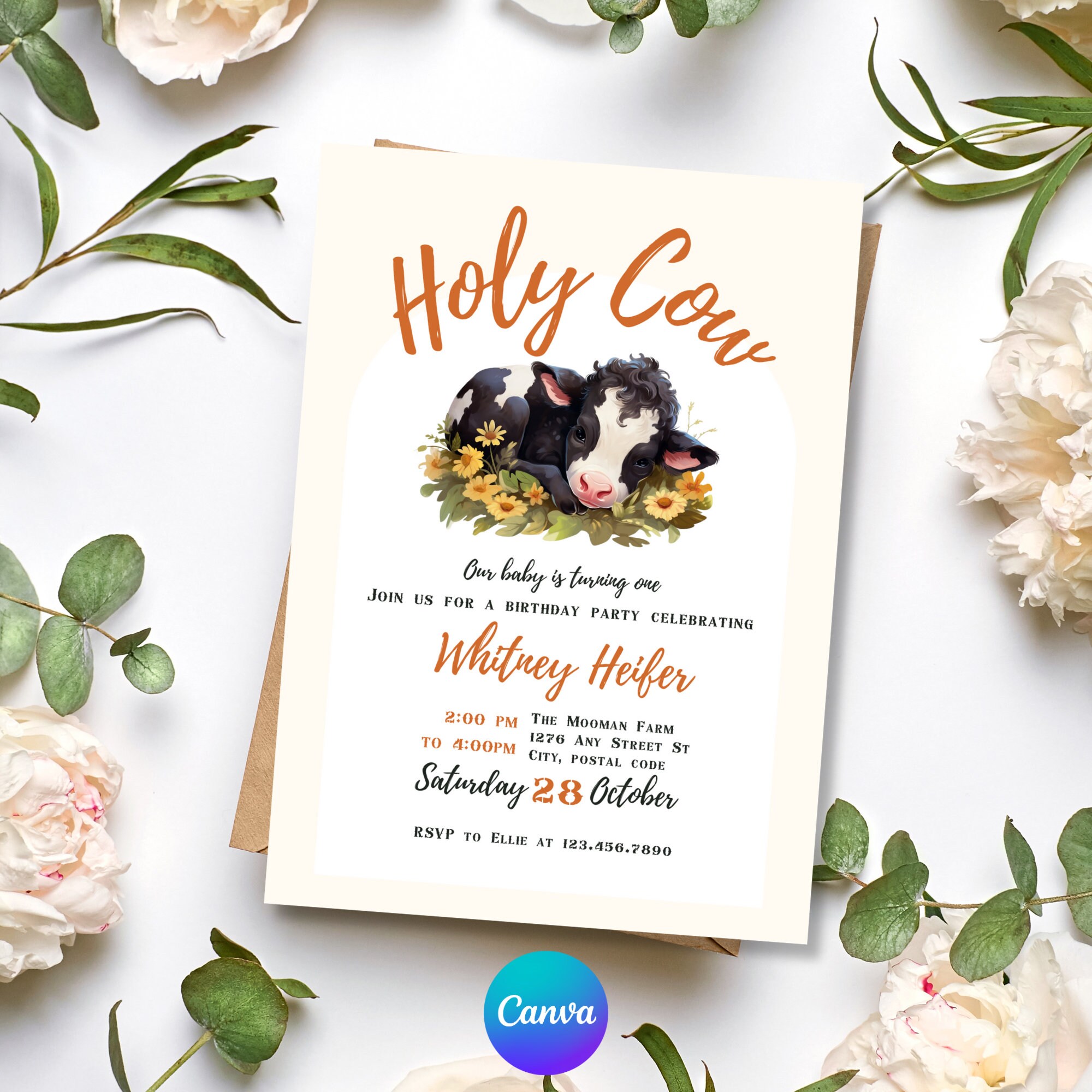 Cow Birthday Invitation, Cow Invitation, Cow Theme Birthday Party, Farm ...