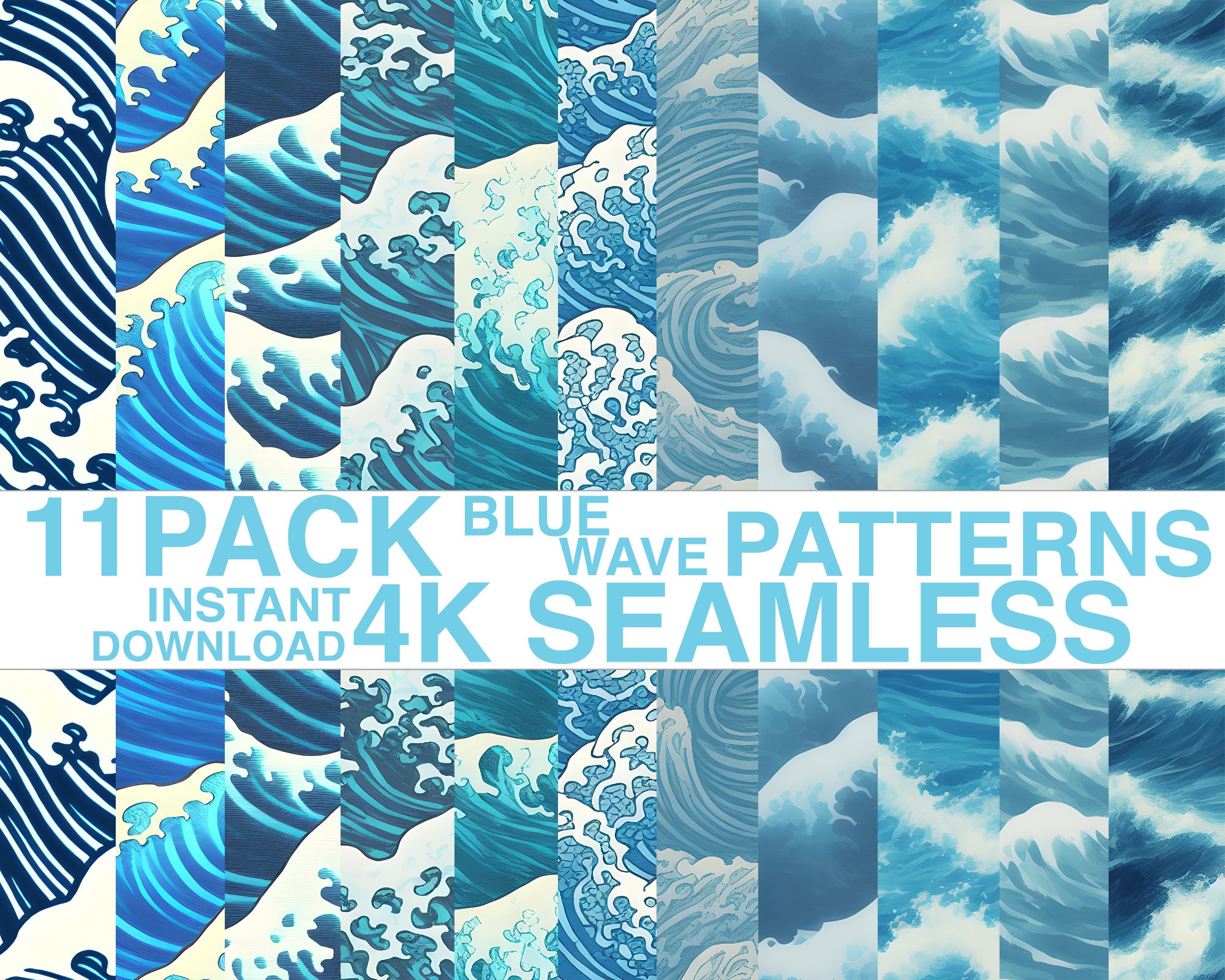 11 PACK Blue Wave Watercolor Patterns 4K Seamless Waves Digital Paper ...