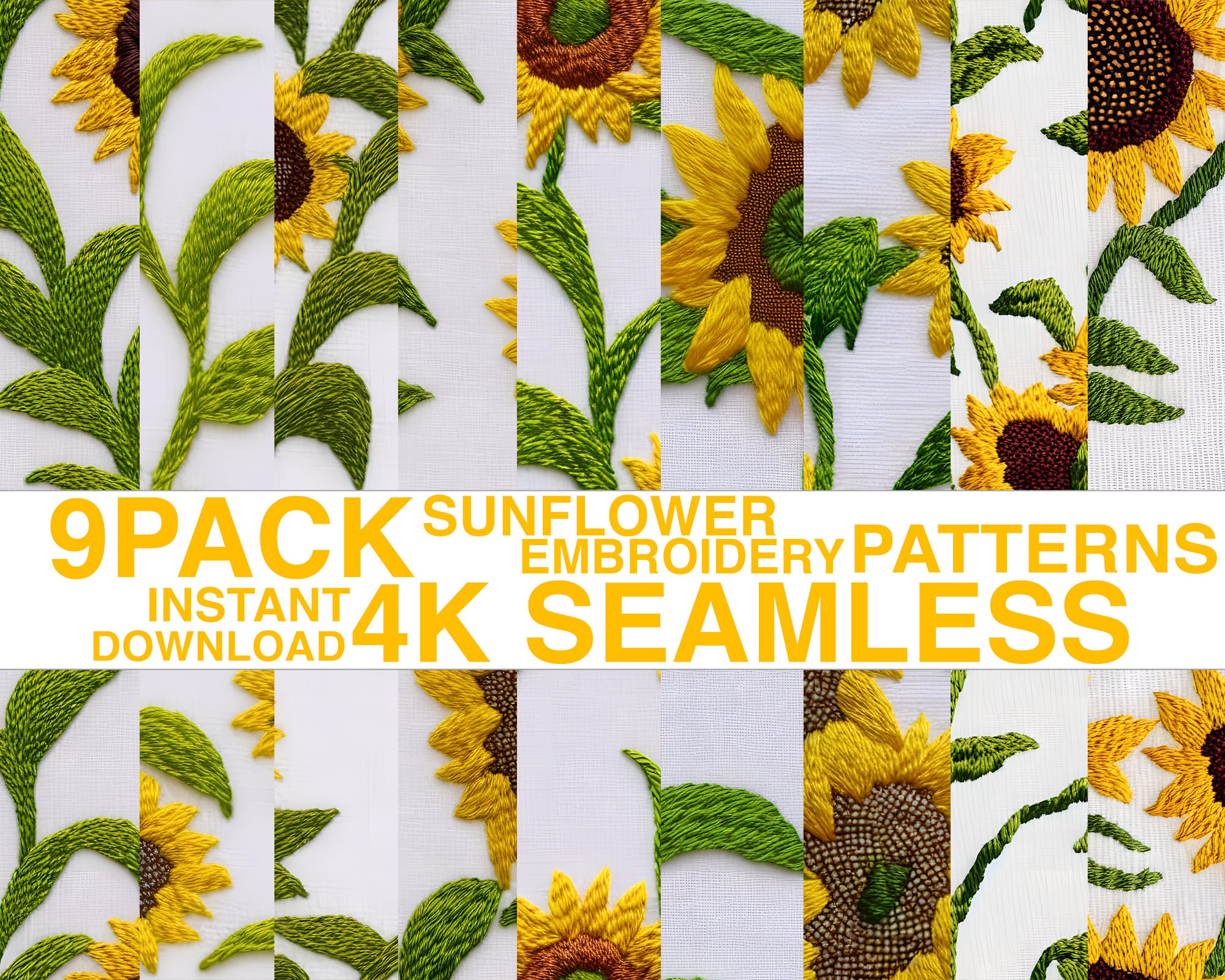 9 PACK - Sunflower Embroidery Patterns - 4K Seamless | Sunflower ...