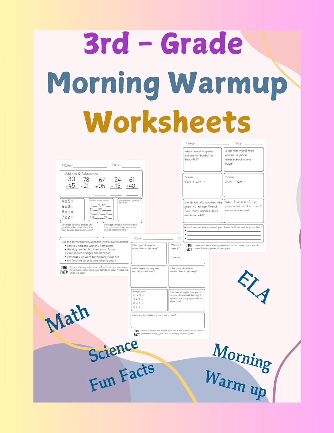 3rd Grade Math and ELA Morning Worksheets - 20 Worksheets - Etsy
