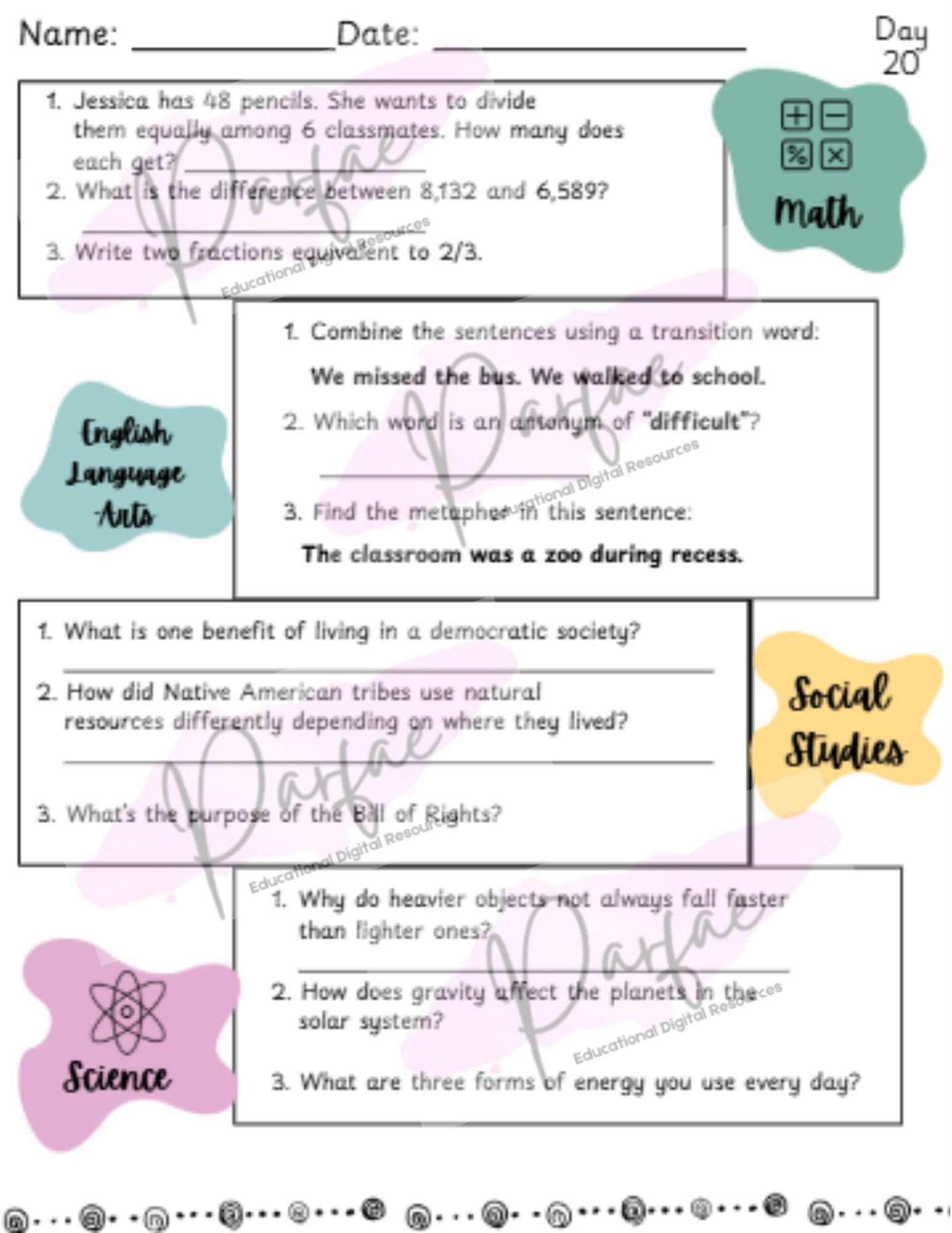 4th Grade Worksheets Mega Bundle | Daily Math, ELA, Science & Social ...
