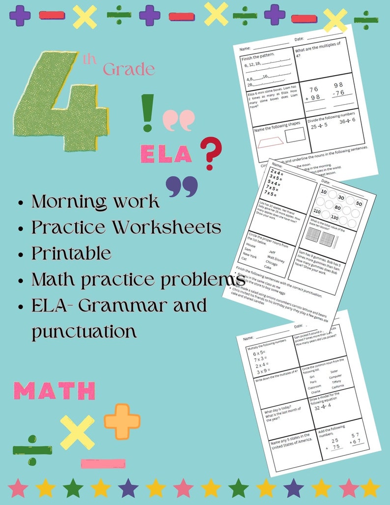4th Grade Math & ELA Morning Worksheets (printable) - Etsy
