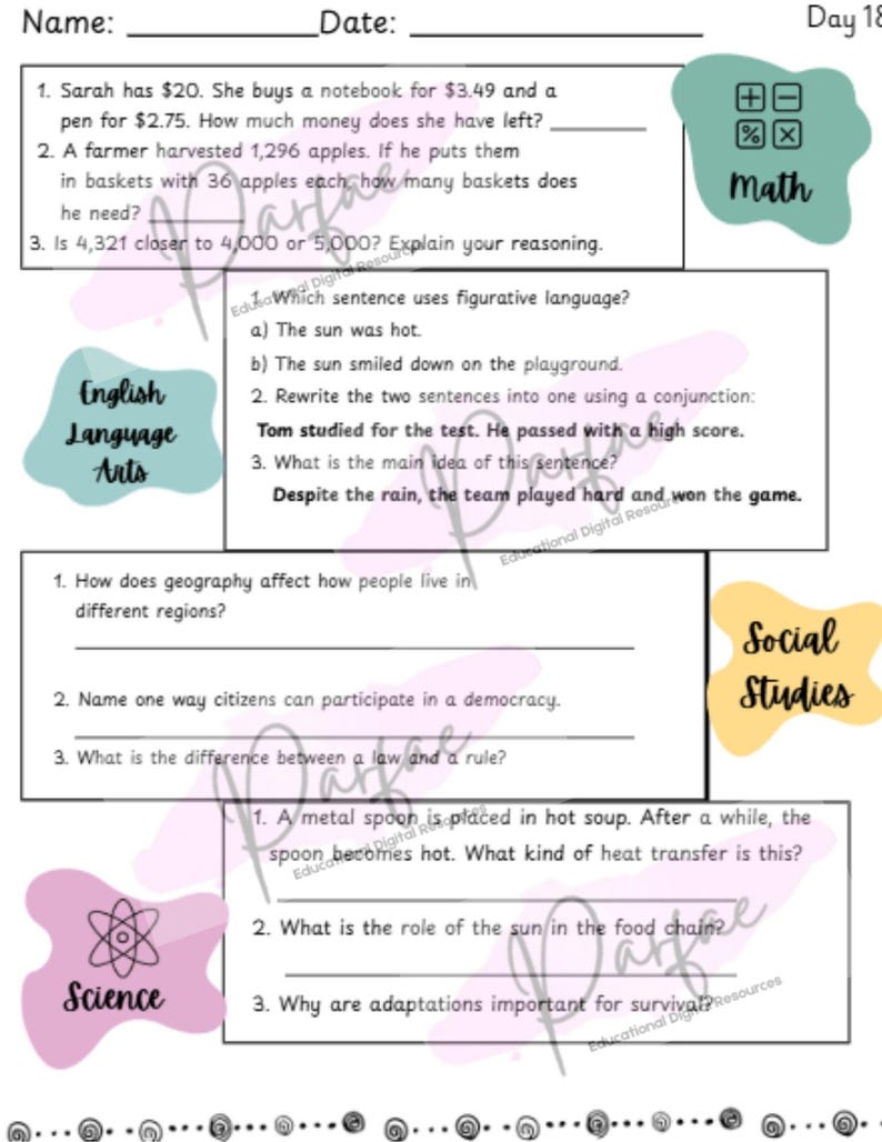 4th Grade Morning Work | Daily Warm-up Packet | Math, ELA, Science ...