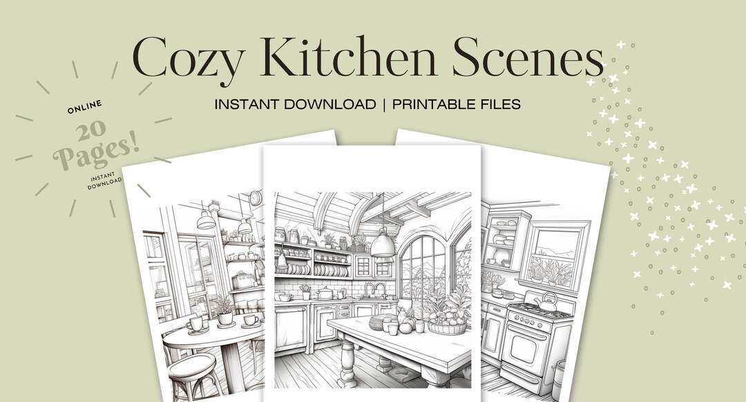 20 Cozy Kitchen Scenes Coloring Book - Adults Kids Coloring Pages ...