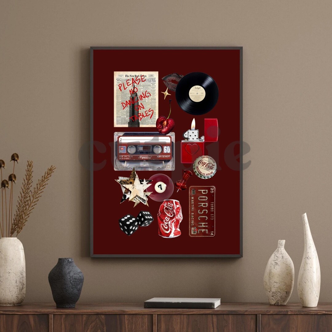 Dark Red Collage Wall Art | Digital Download | Vintage Decor | Retro ...