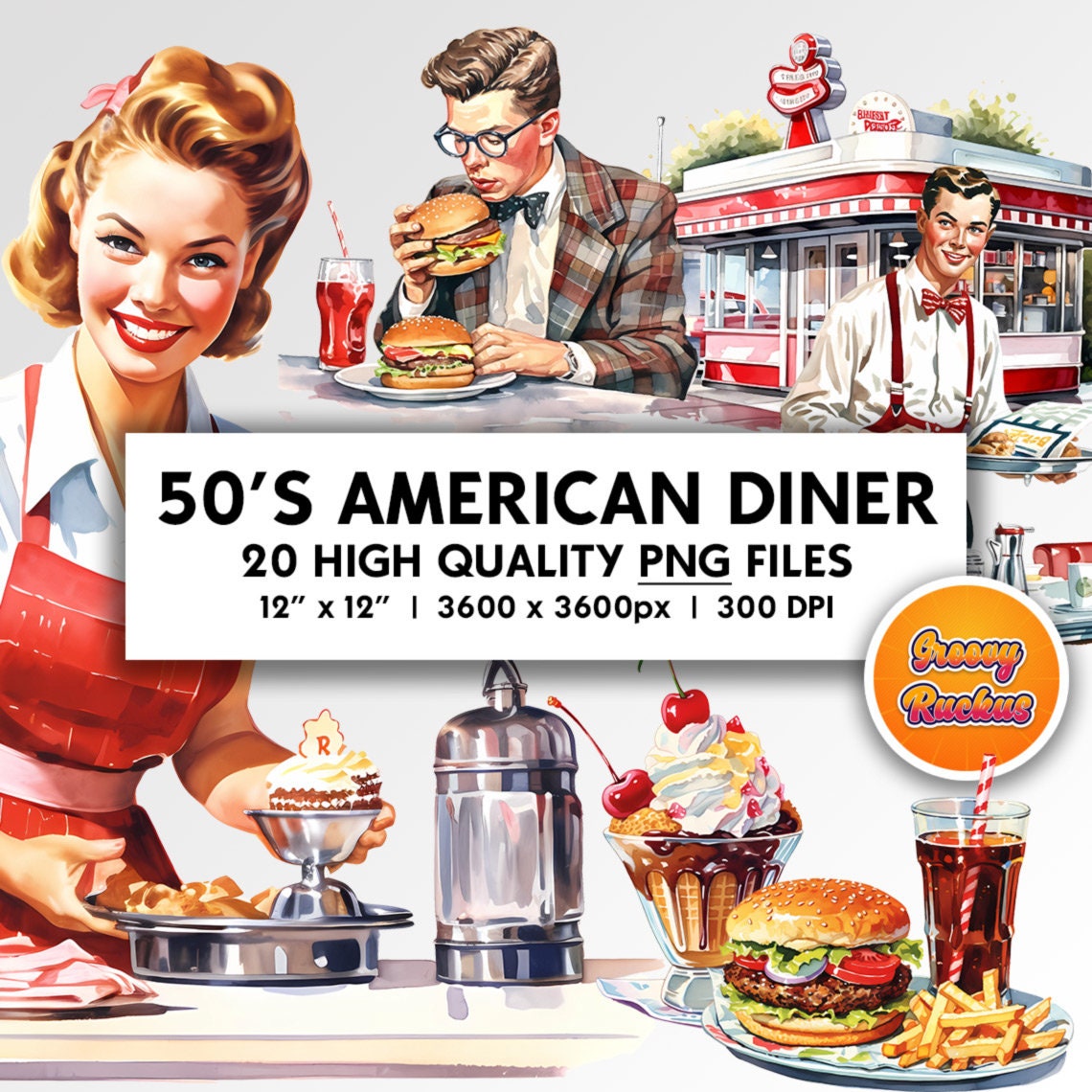 50's American Diner Clip Art Set Digital Art Scrapbooking Watercolor ... 50's American Diner Clip Art Set Digital Art Scrapbooking Watercolor ...