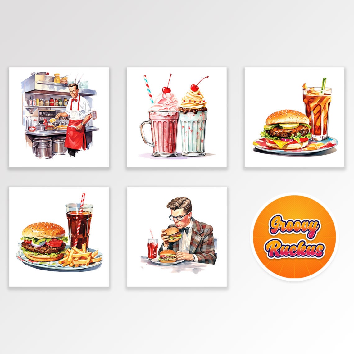 50's American Diner Clip Art Set Digital Art Scrapbooking Watercolor ... 50's American Diner Clip Art Set Digital Art Scrapbooking Watercolor ...