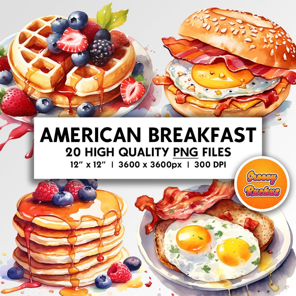 American Breakfast Clip Art Watercolor Style Scrapbook Printable Bacon ...