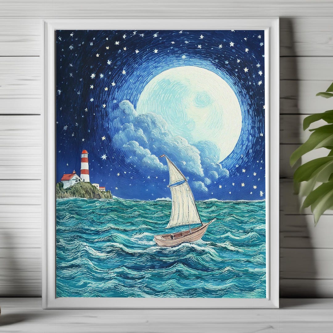 Nautical Wall Art Print, Ocean Painting Print, Whimsical Seascape ...