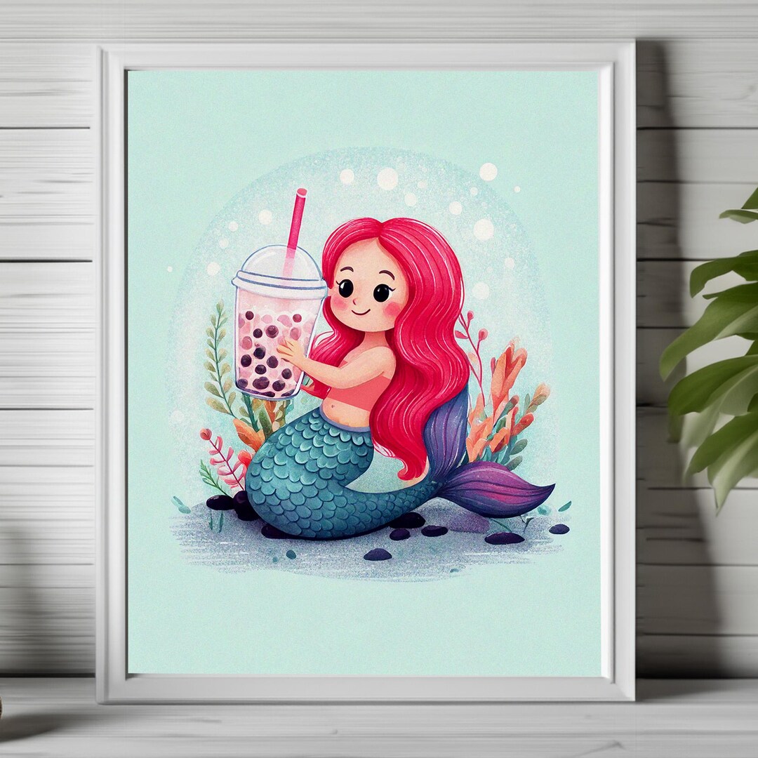 Cute Mermaid Art, Boba Tea Mermaid, Whimsical Fantasy Print, Bubble Tea ...