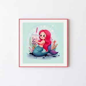 Cute Mermaid Art, Boba Tea Mermaid, Whimsical Fantasy Print, Bubble Tea ...