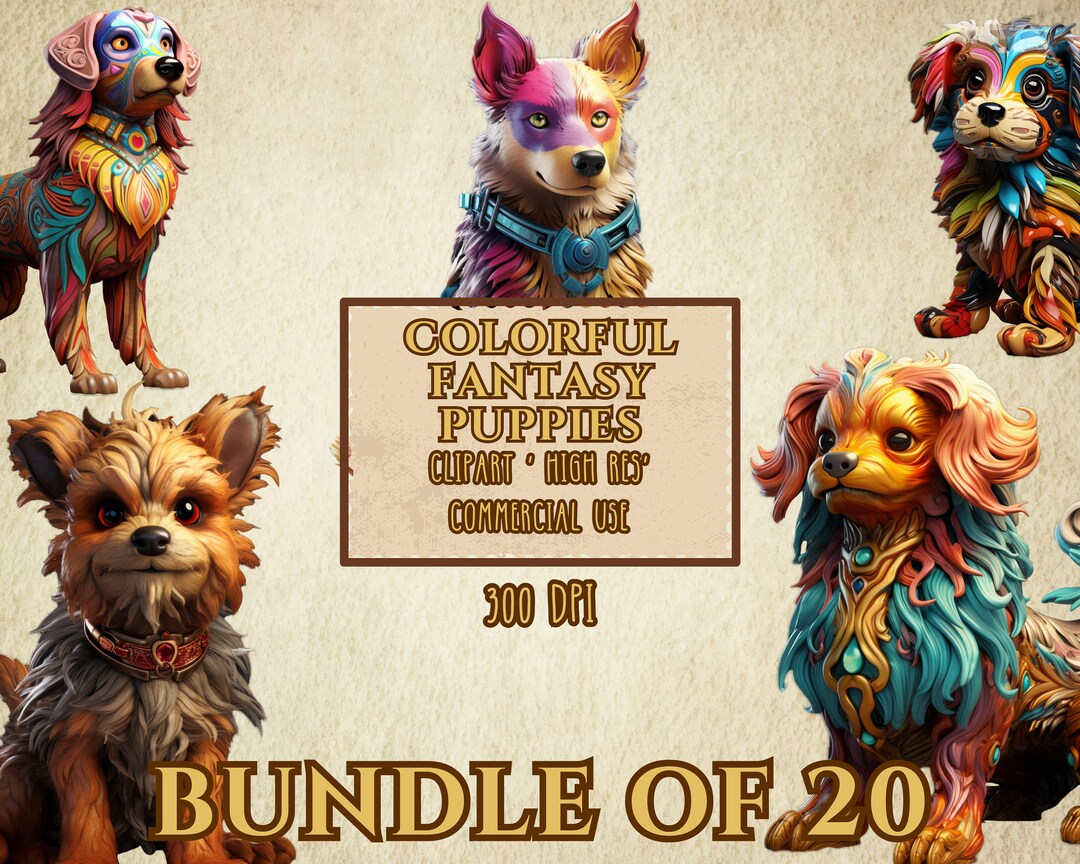 Colorful Fantasy Puppies Bundle of 20 High Resolution Clip Art 300 DPI ...