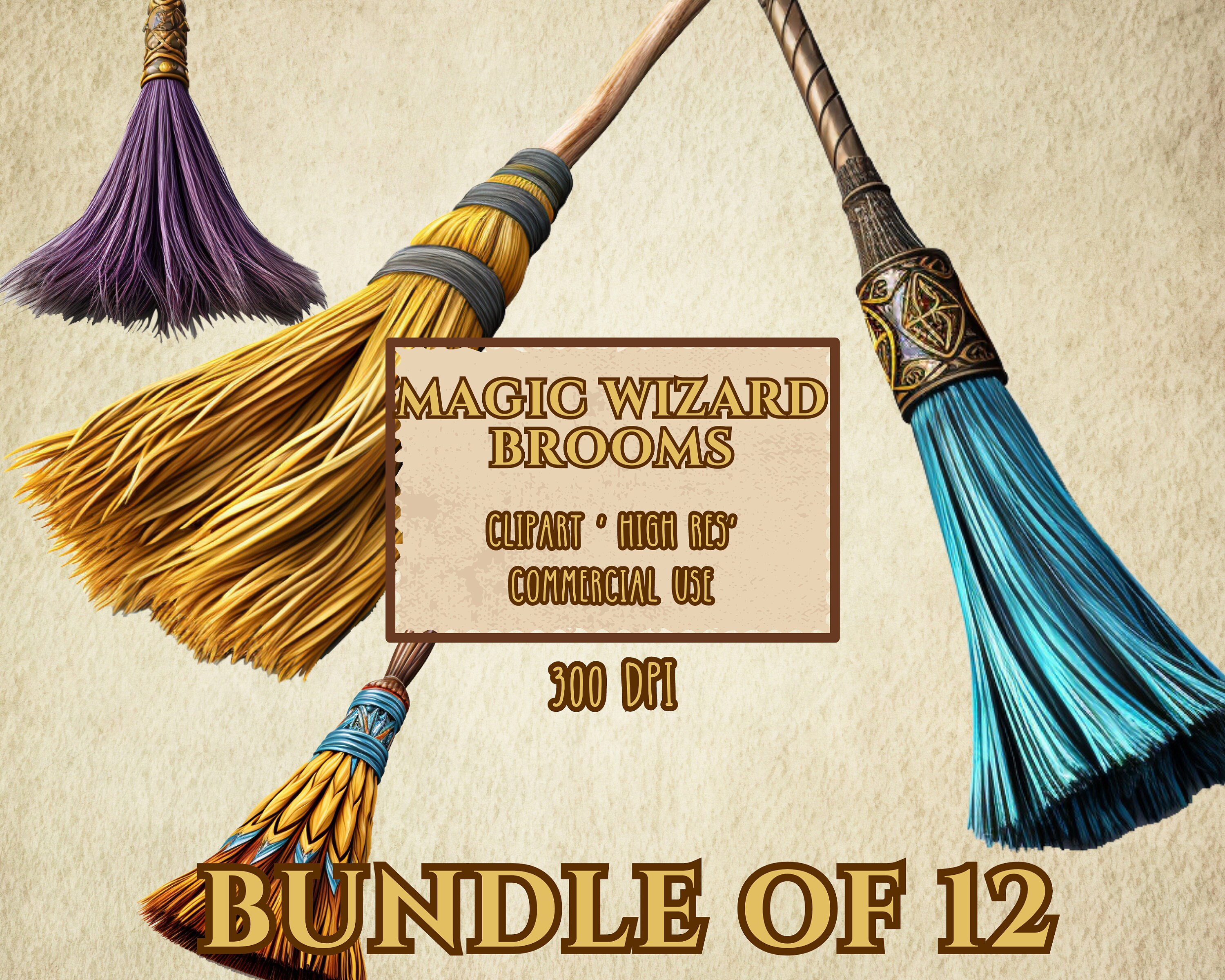 Wizard Broom Magical Witch Broom Magical Broom Bundle of 12, Transparent Background, High ...