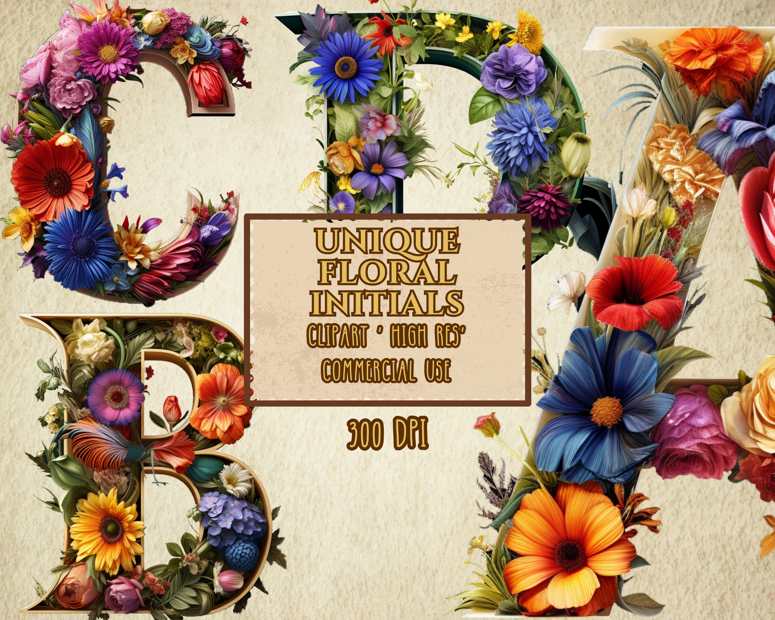 Floral Themed Initials Full Alphabet Flowers Theme 300 DPI High ...