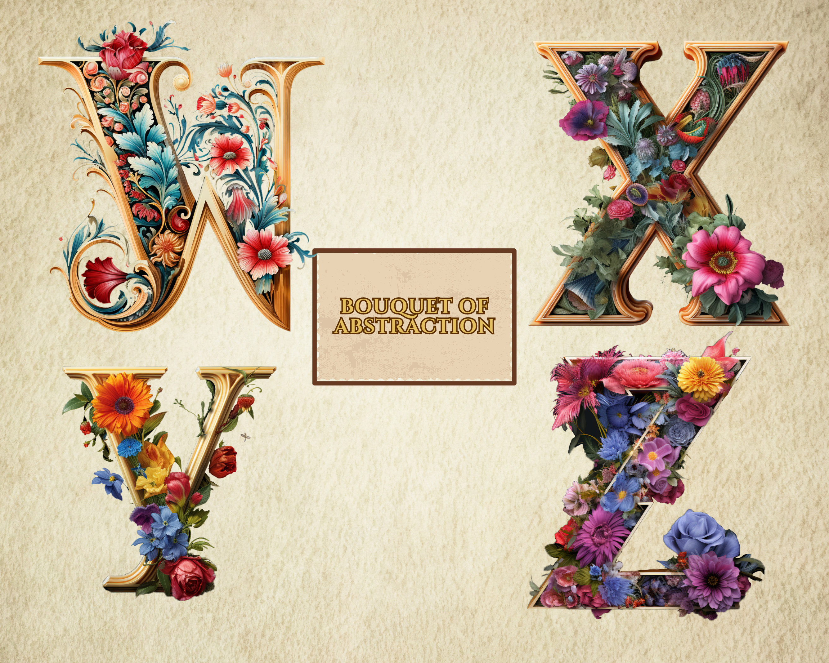 Floral Themed Initials Full Alphabet Flowers Theme 300 DPI High ...