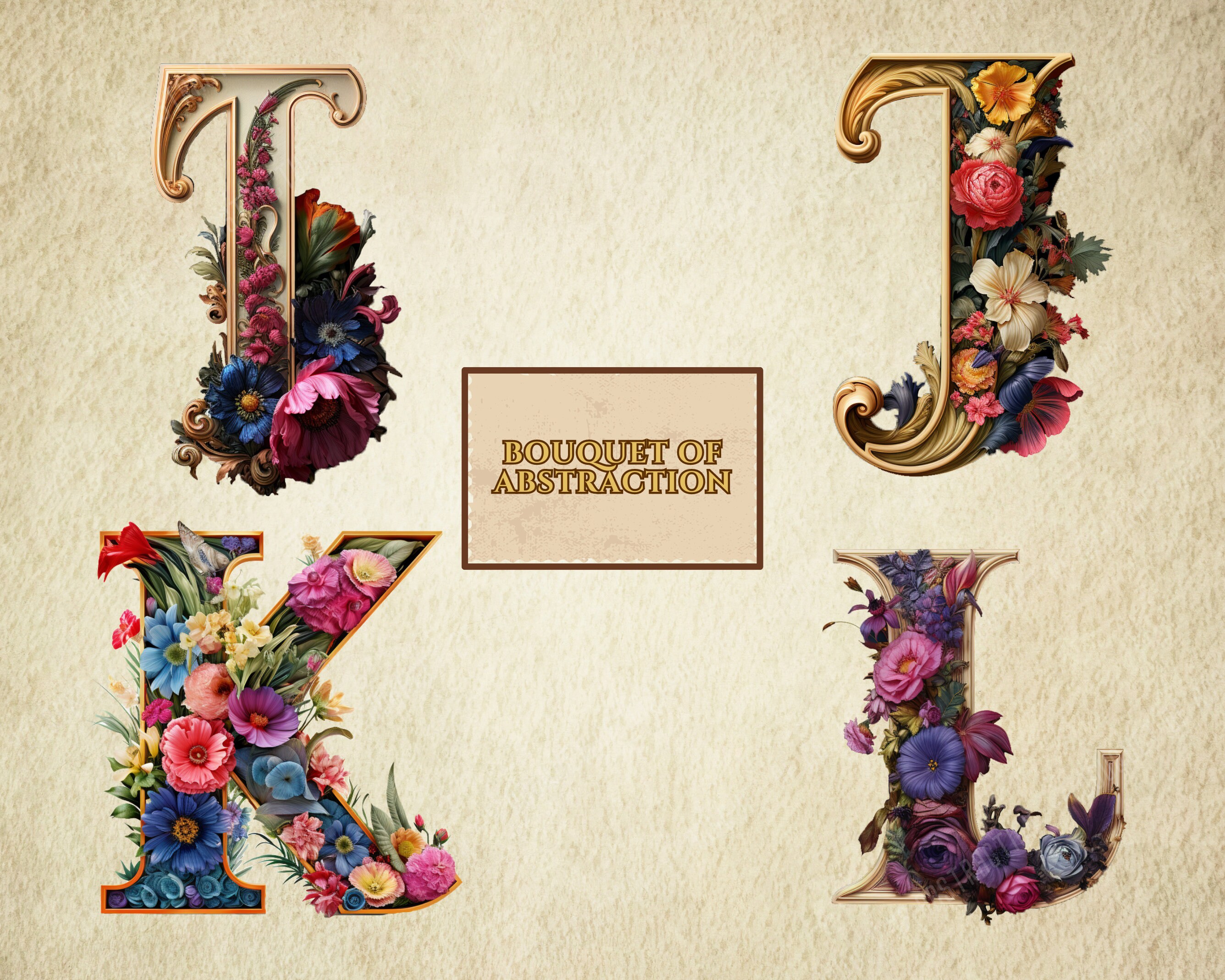 Floral Themed Initials Full Alphabet Flowers Theme 300 DPI High ...