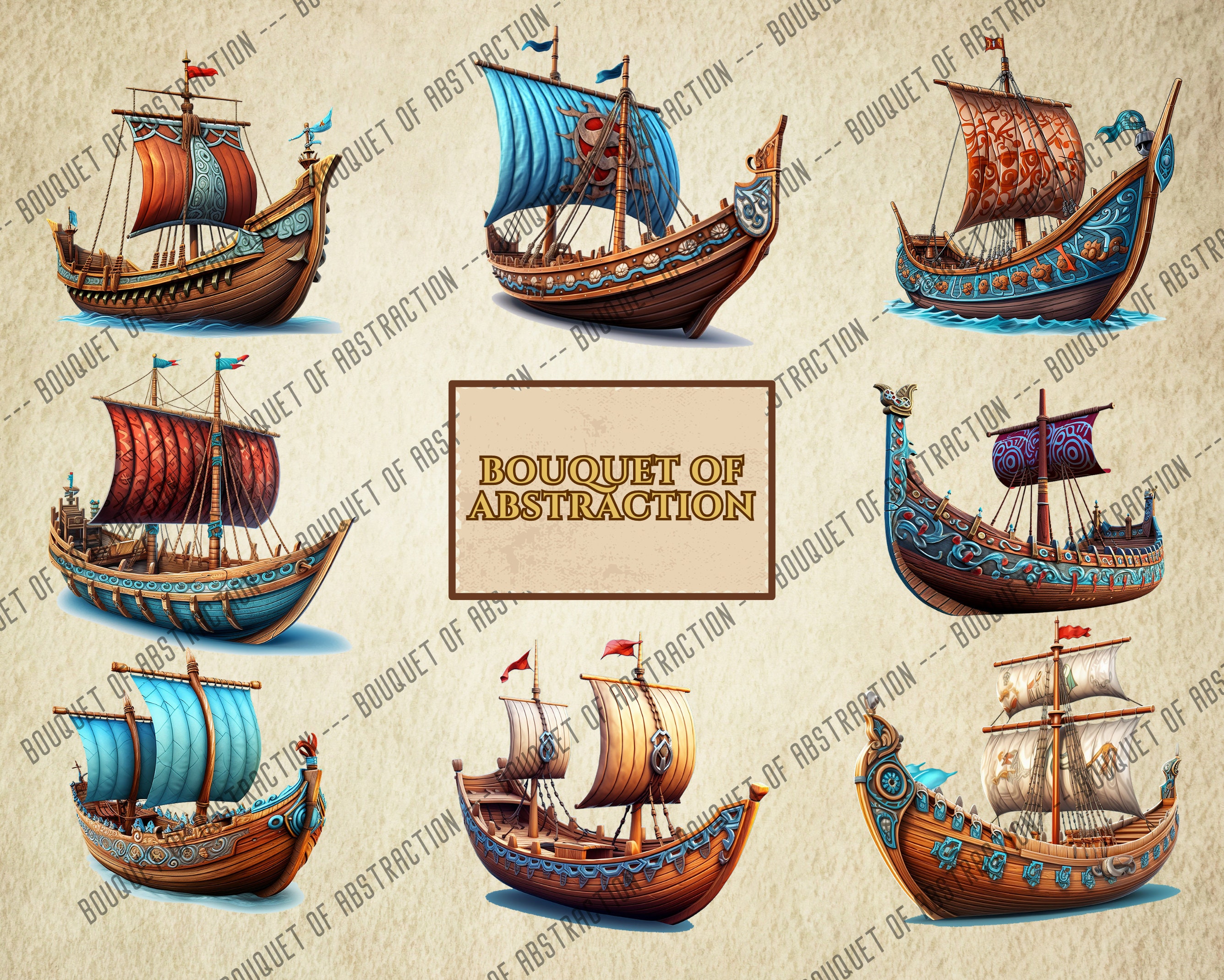 36 Unique Fantasy Ships Viking Style Bundle Clip Art With Transparent ...