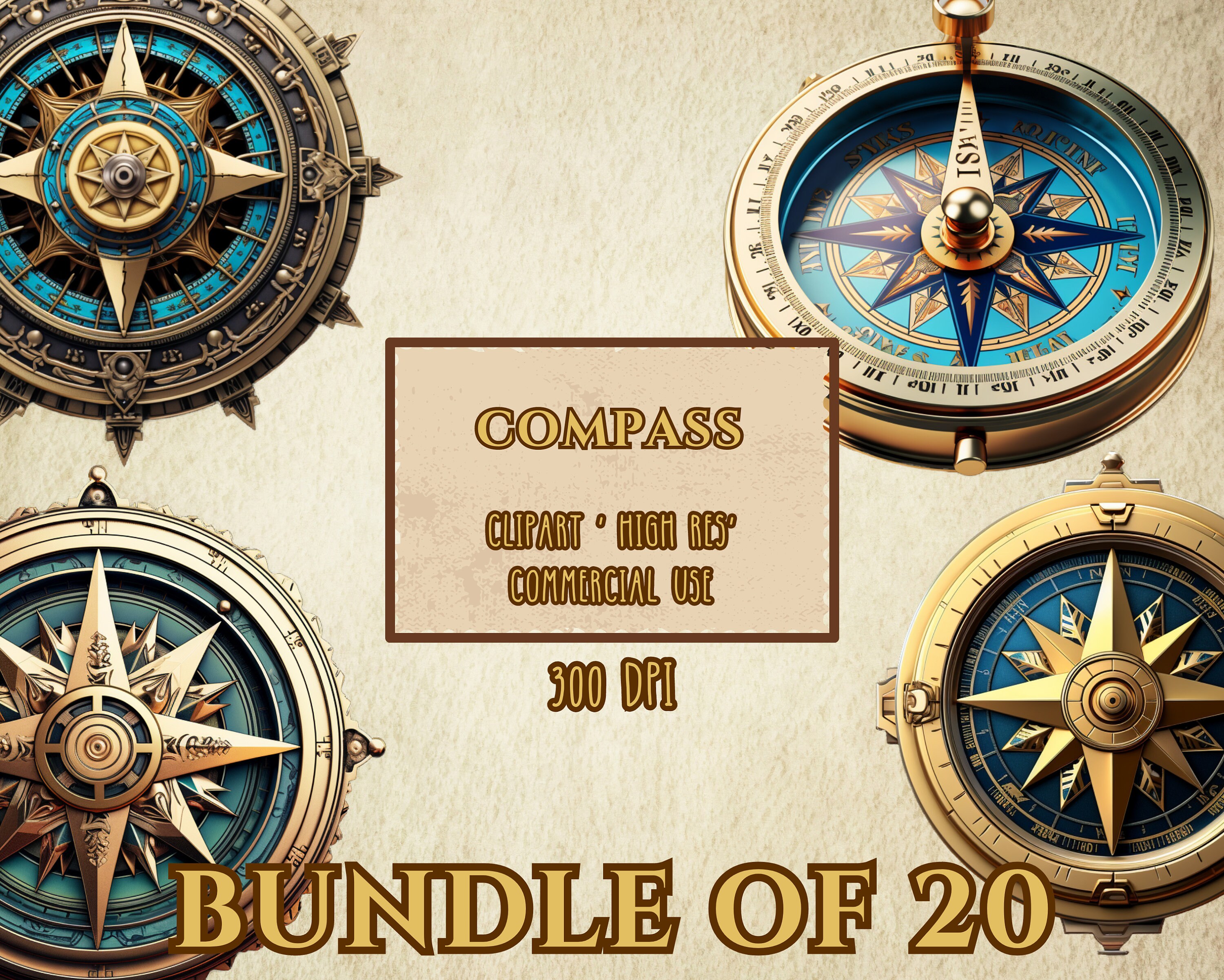 Compass Bundle of 20 Clip Art High Resolution 300 DPI Transparent ...