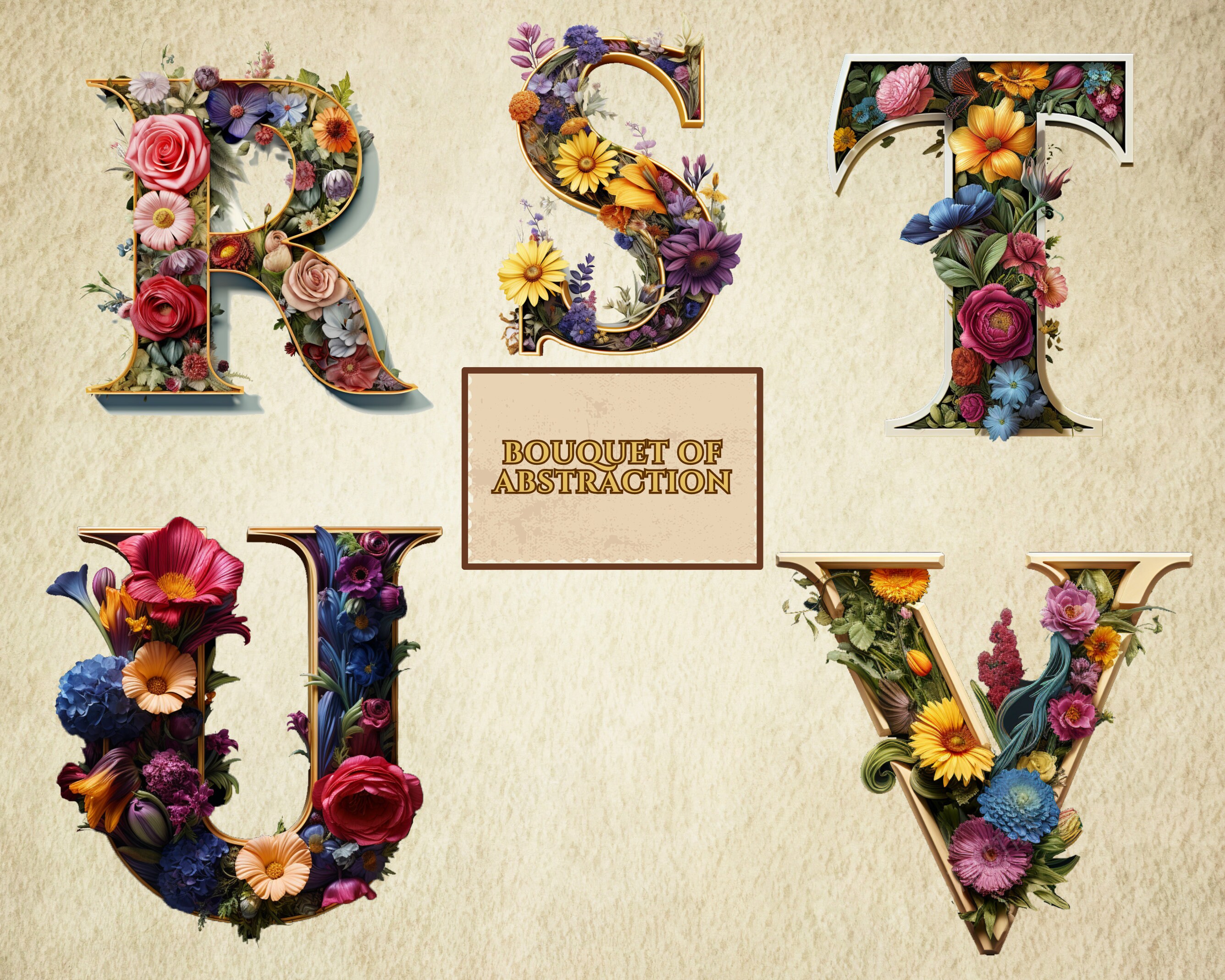 Floral Themed Initials Full Alphabet Flowers Theme 300 DPI High ...