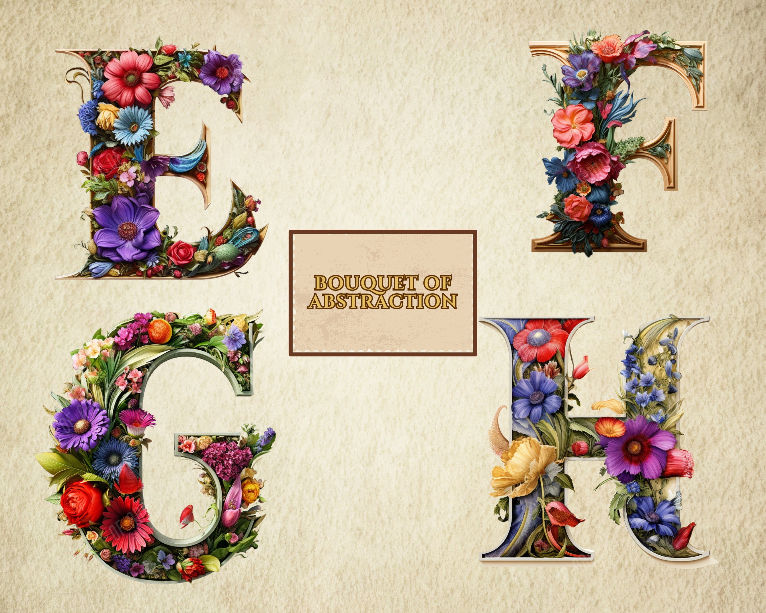Floral Themed Initials Full Alphabet Flowers Theme 300 DPI High ...