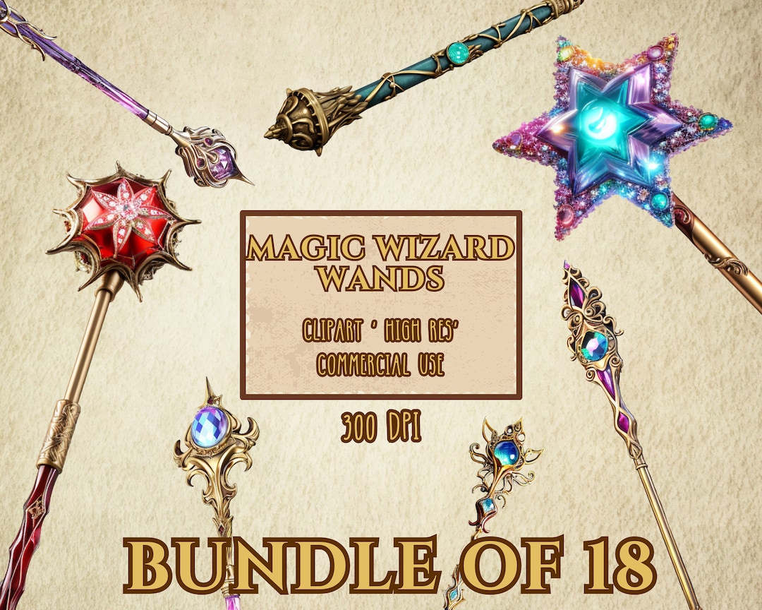 Magic Wizard Wand Magic Wand Wizard Wand Clip Art Bundle of 18, 300 DPI ...