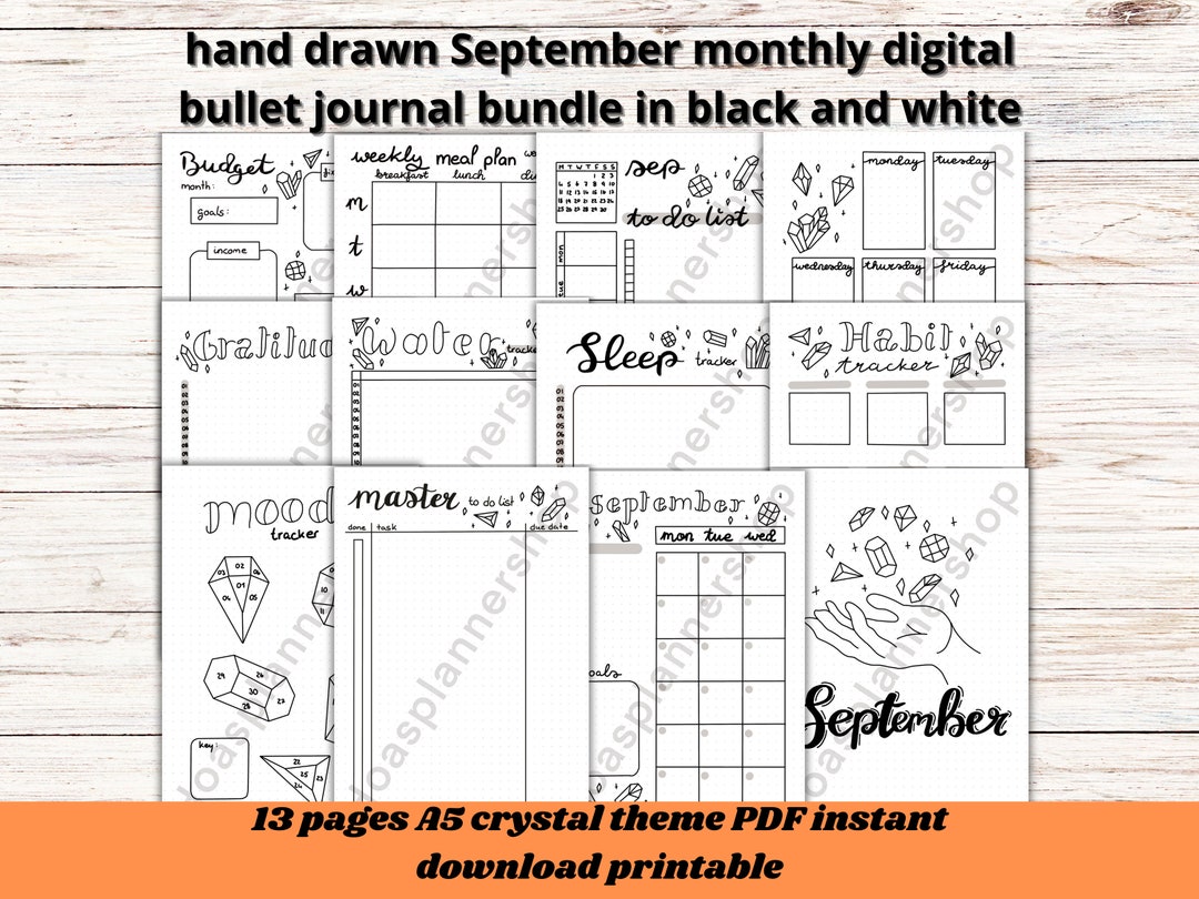 September 2024 Bullet Journal Crystal Theme Uncolored Premade Monthly ...